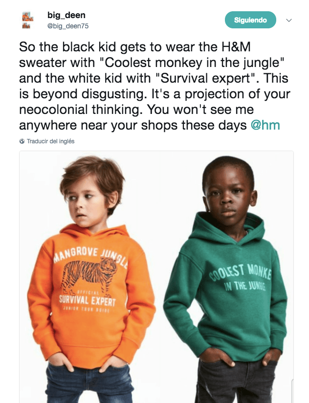 H&M, y la hoddie "Monkey in the jungle" portada por un niño negro